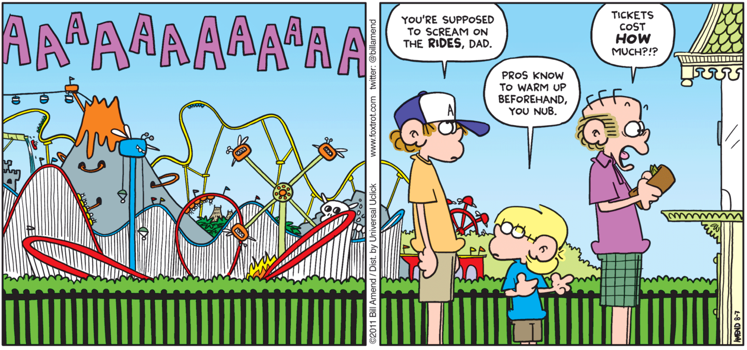 "Fun-Fun Warmups" | Amusement Park | FoxTrot Comics by Bill Amend