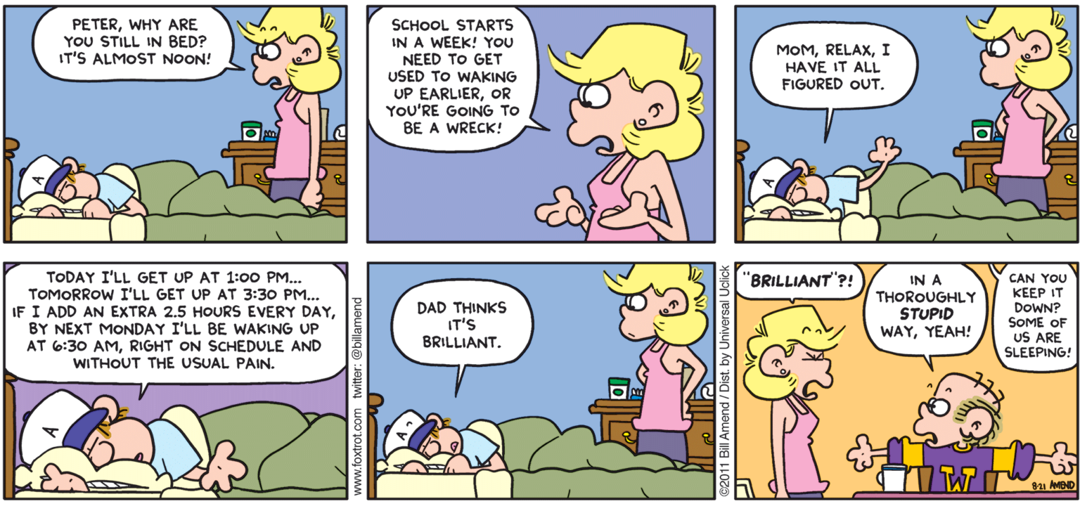 "Sleep Learning Curve" | Back to School | FoxTrot Comics by Bill Amend