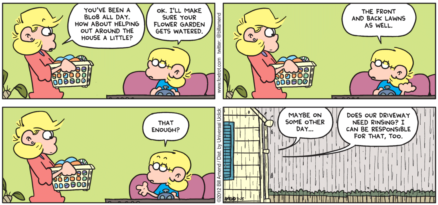 "Helping Out" | Chores - Parenting - Rain | FoxTrot Comics by Bill Amend