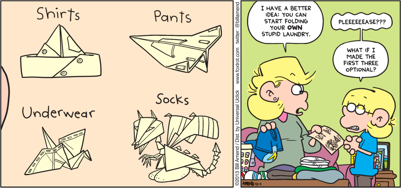 "Laundrigami" | Origami | FoxTrot Comics by Bill Amend