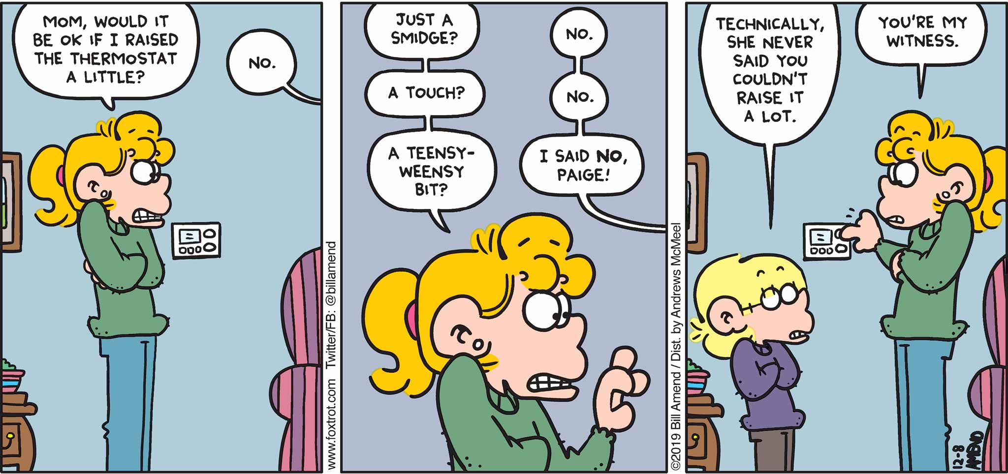 "Not A Smidge" | Winter - Thermostat | FoxTrot Comics by Bill Amend