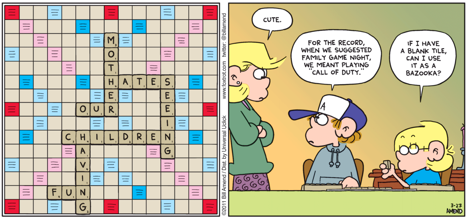 "Game Night" | Scrabble | FoxTrot Comics by Bill Amend