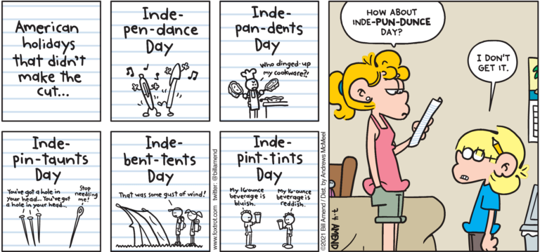 "Pun Dunce" | Independence Day - Puns | FoxTrot Comics by Bill Amend