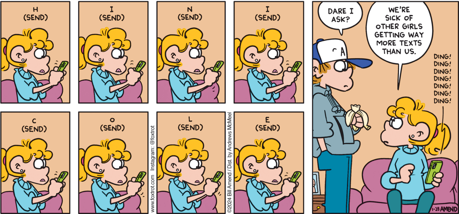 "T-e-x-t-i-n-g" | Texting | FoxTrot Comics by Bill Amend