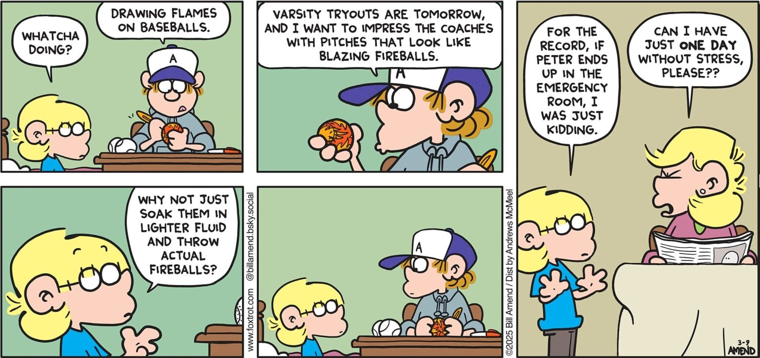 "Throwing Heat" | Baseball | FoxTrot Comics by Bill Amend